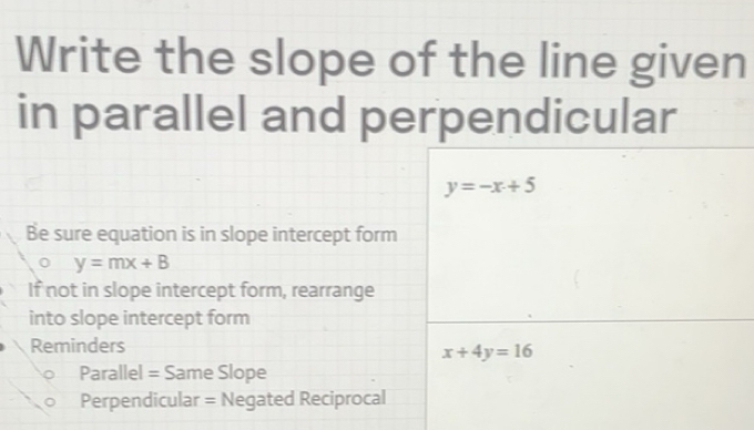 Solved: Write the slope of the line given in parallel and perpendicular ...
