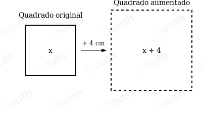 Solved: Considere um quadrado cujo lado teve um aumento de 4 cm. a ...