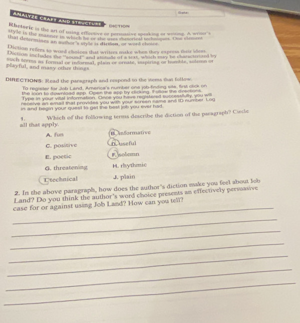 Solved: Data ANALYZE CRAFT AND STRUCTURE DICTION Rhetoric is the art of ...