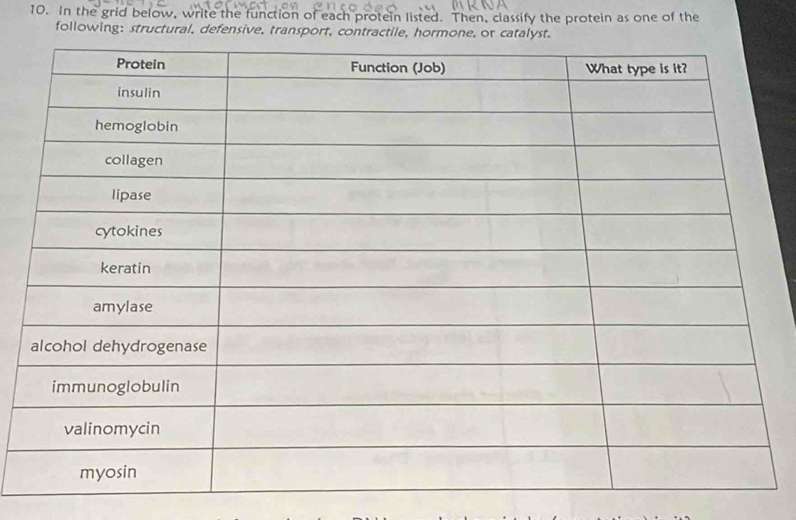 Solved: In the grid below, write the function of each protein listed ...