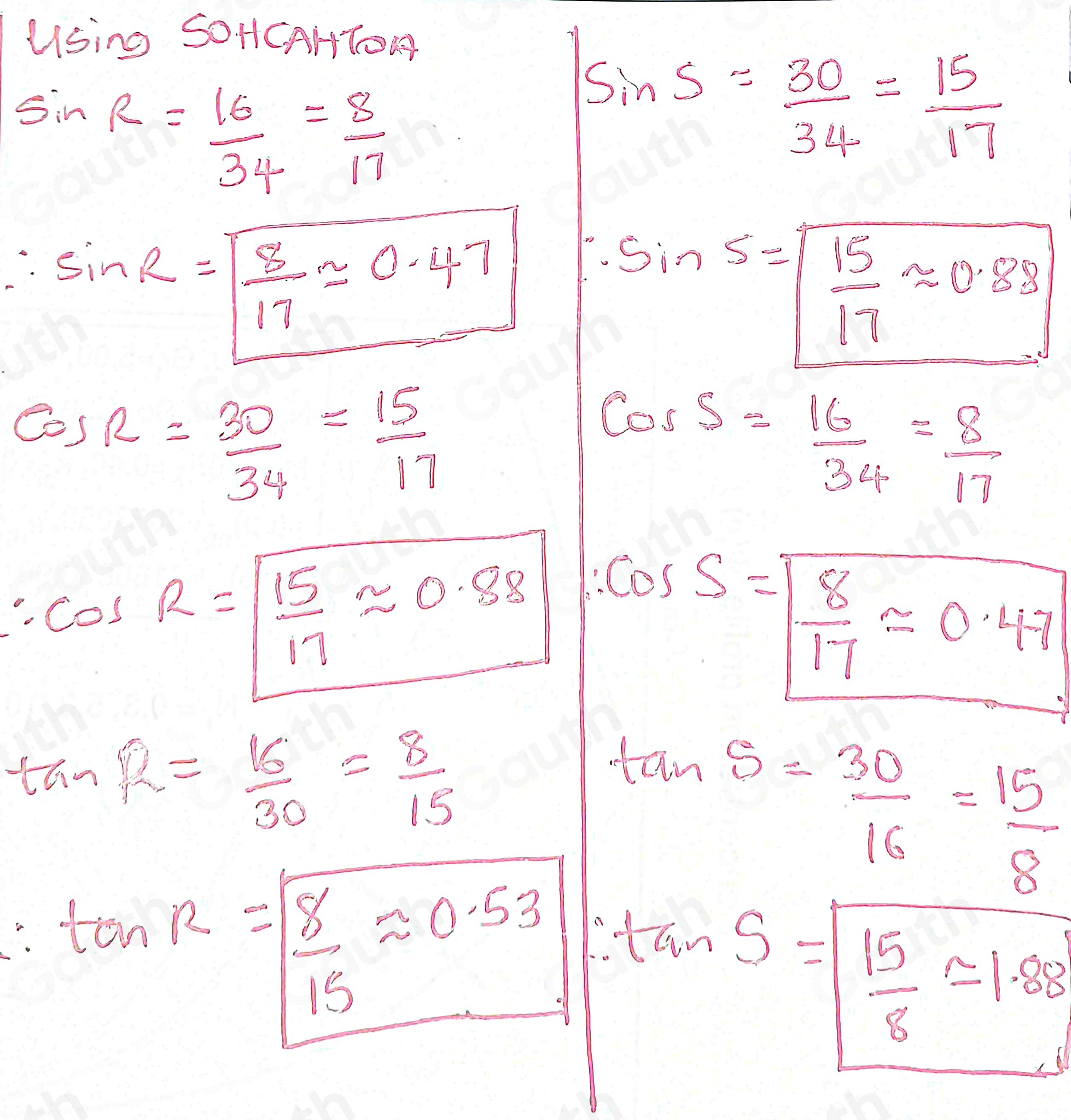 Solved: Find sin R, cos R, tan R, sin S, cos S , and tan S. Match each ...