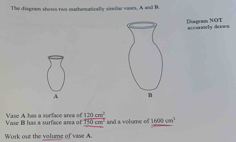 Solved: The diagram shows two mathematically similar vases, A and B. Diagram NOT accurately draw ...