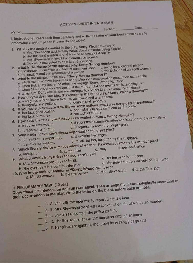 Solved: ACTIVITY SHEET IN ENGLISH 9 Name:_ Section _Date:_ l ...