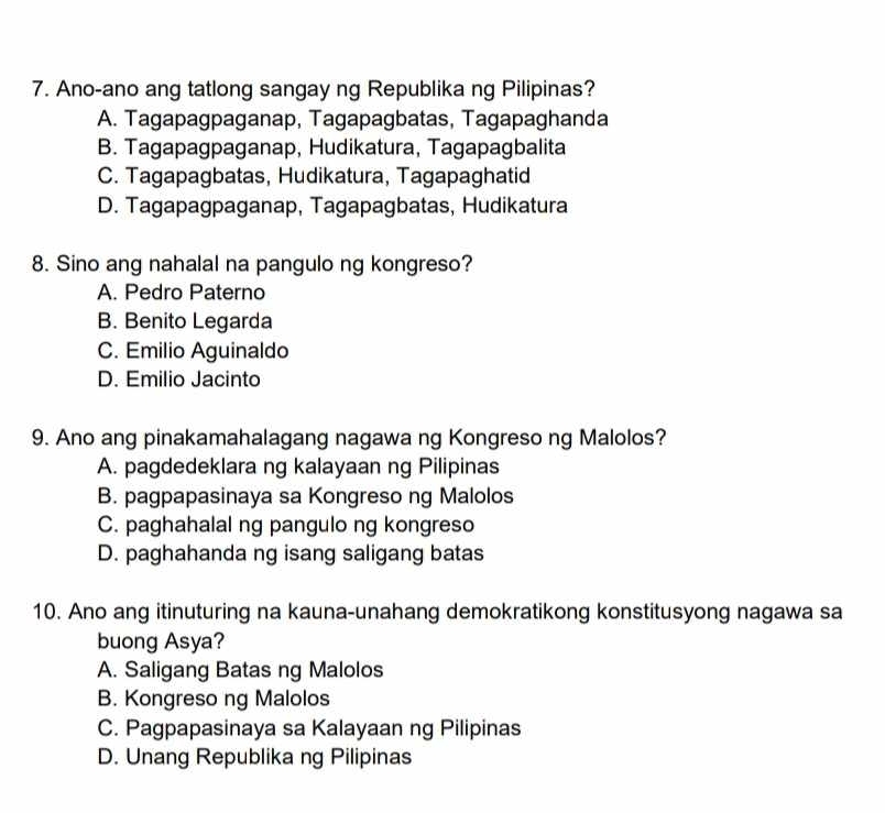 Solved: Ano-ano ang tatlong sangay ng Republika ng Pilipinas? A ...