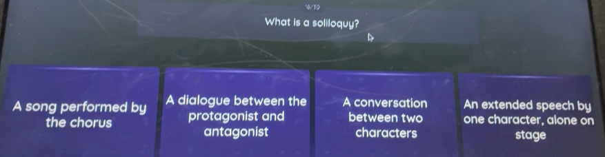 Resuelto:'0/30 What is a soliloquy? A song performed by A dialogue ...