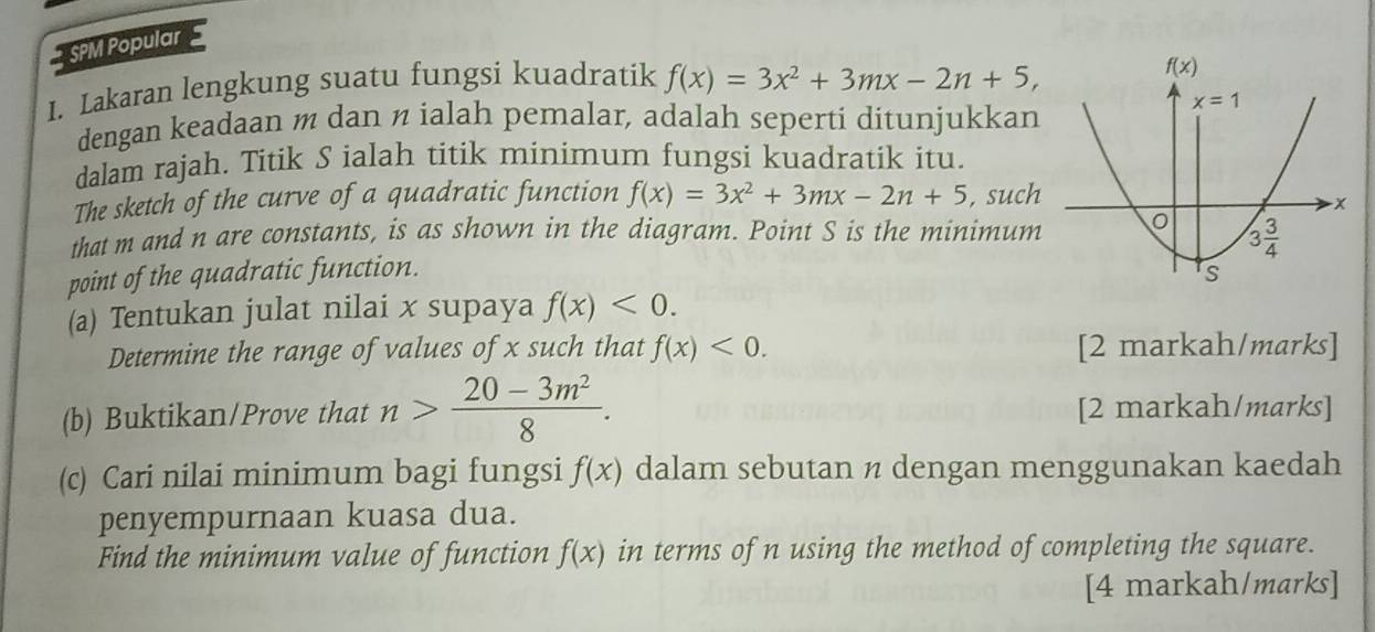 Selesai:SPM Popular I. Lakaran lengkung suatu fungsi kuadratik f(x)=3x ...
