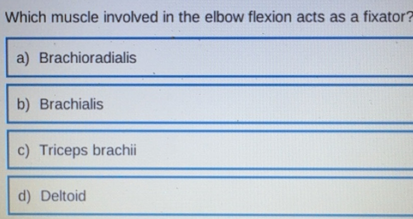 Risolto:Which muscle involved in the elbow flexion acts as a fixator? a ...
