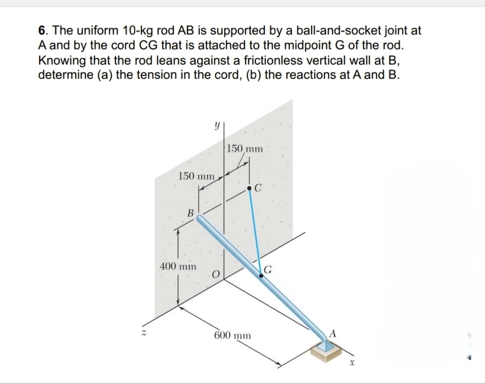 Solved: The uniform 10-kg rod AB is supported by a ball-and-socket joint at A and by the cord CG ...