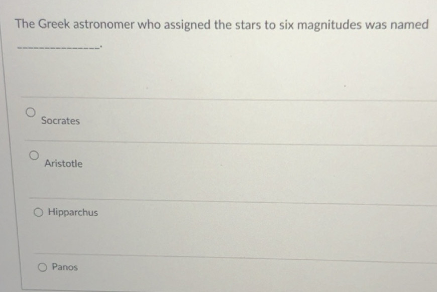 Solved: The Greek astronomer who assigned the stars to six magnitudes ...