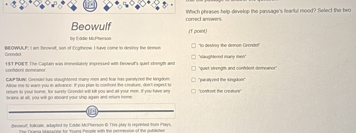 Solved: Which phrases help develop the passage's fearful mood? Select ...