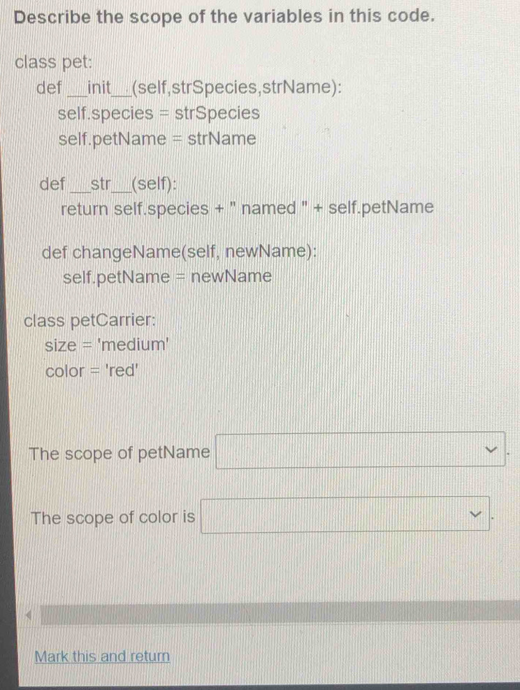 Solved: Describe the scope of the variables in this code. class pet ...