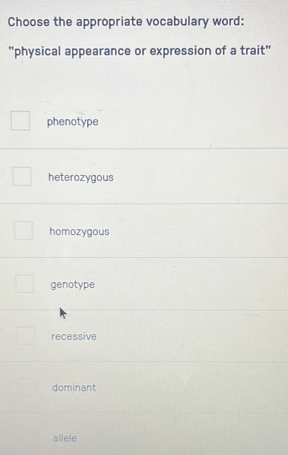 Solved: Choose the appropriate vocabulary word: "physical appearance or ...