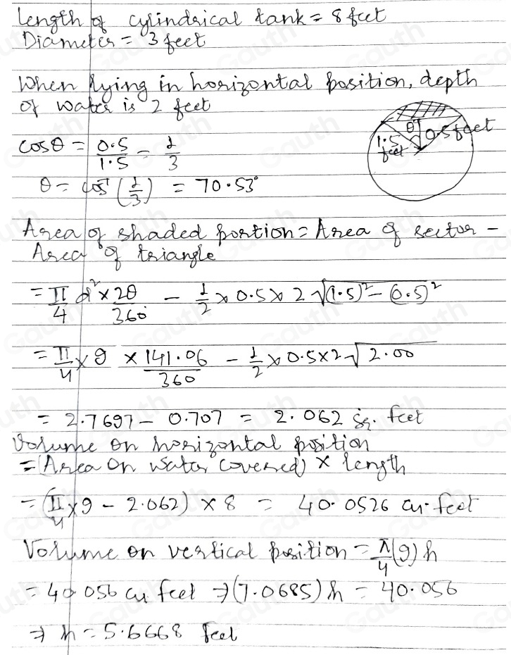 Solved: A closed cylindrical tank is 8 feet long and 3feet in diameter ...