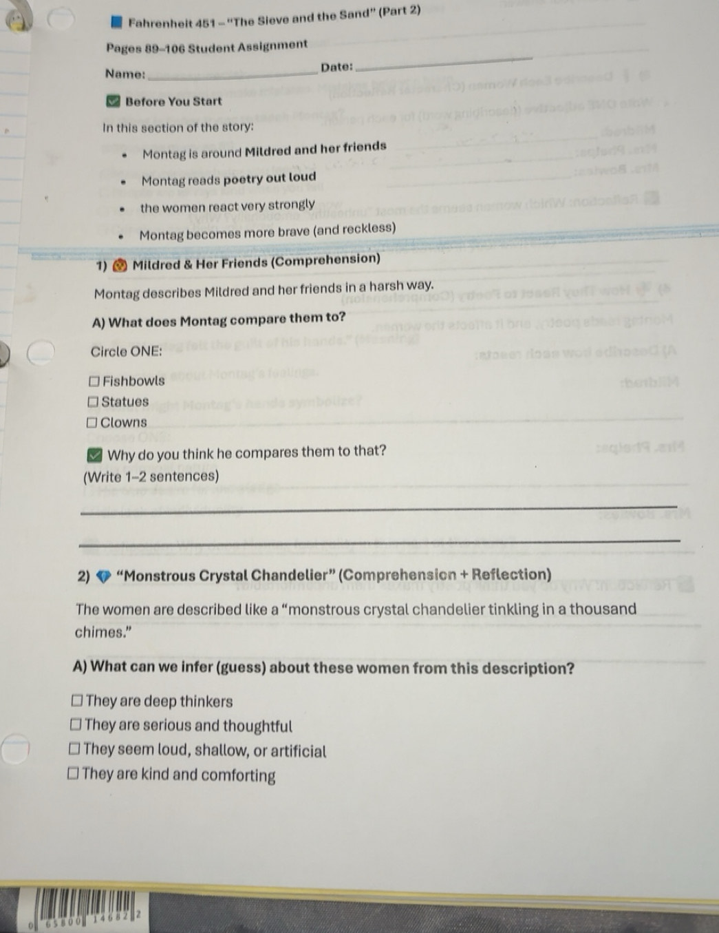 Solved: Fahrenheit 451 - “The Sieve and the Sand” (Part 2) _ Pages 89 ...