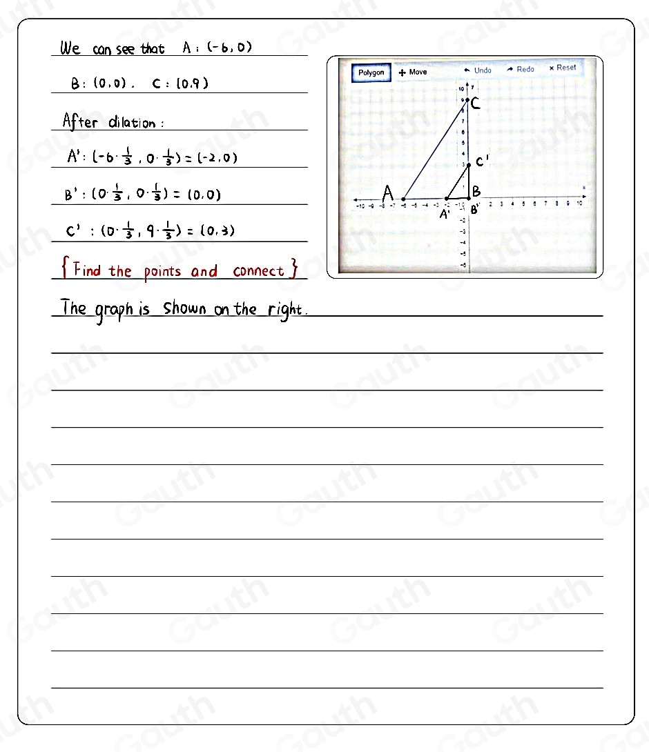 Solved: Graph the image of the given triangle under a dilation with a scale factor of 1/3 and ce ...