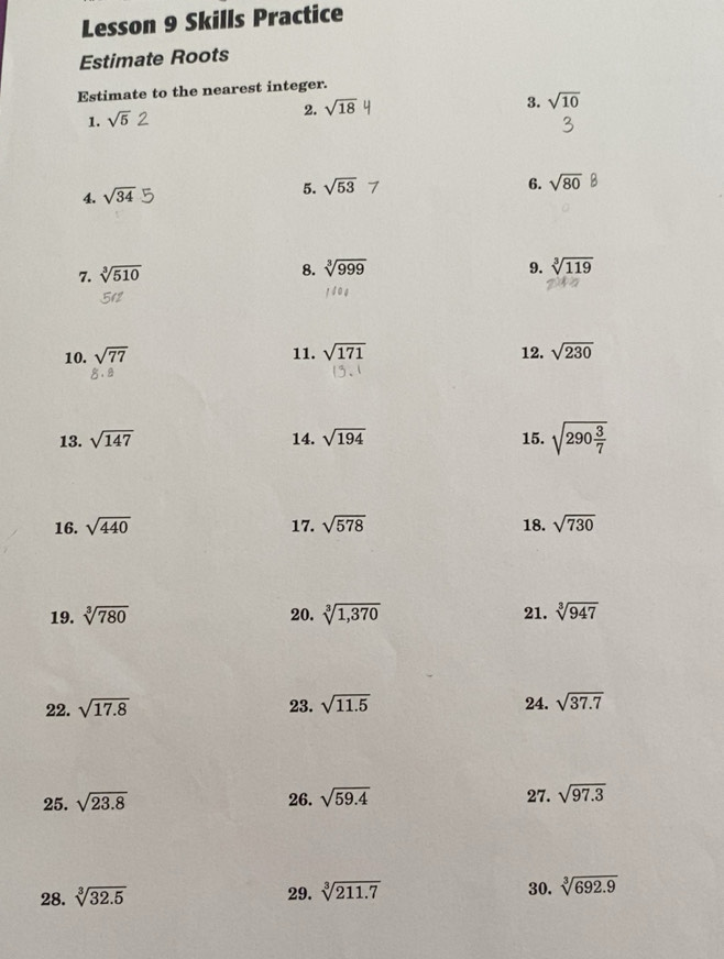 Solved: Lesson 9 Skills Practice Estimate Roots Estimate to the nearest ...
