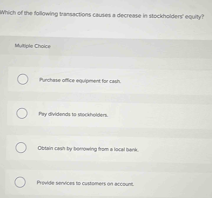 Solved: Which of the following transactions causes a decrease in stockholders' equity? Multiple ...