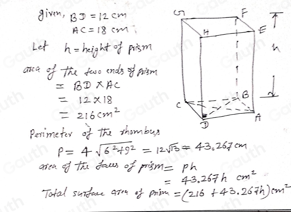 Solved: Calculate the total area (surface and bases) of a prism whose ...