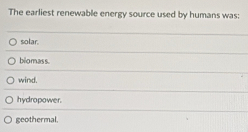 Solved: The earliest renewable energy source used by humans was: solar ...