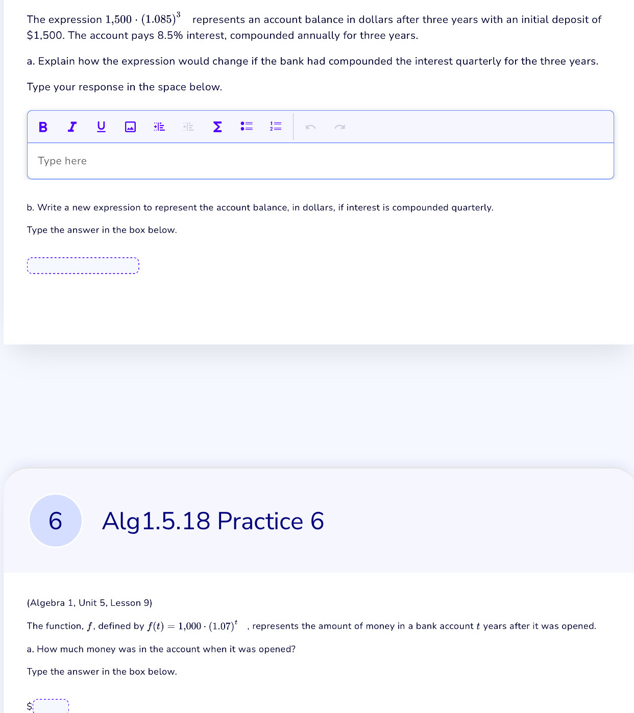 Solved: The expression 1,500· (1.085)^3 represents an account balance ...