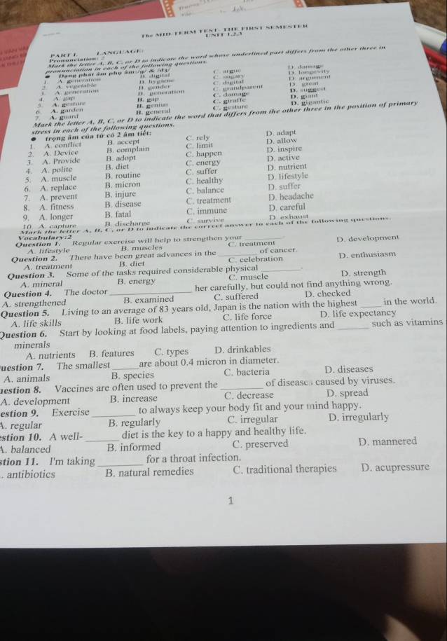 Giải quyết:The Md TEM TEST the PIRST SemESTER N V Mark the letter A. B ...