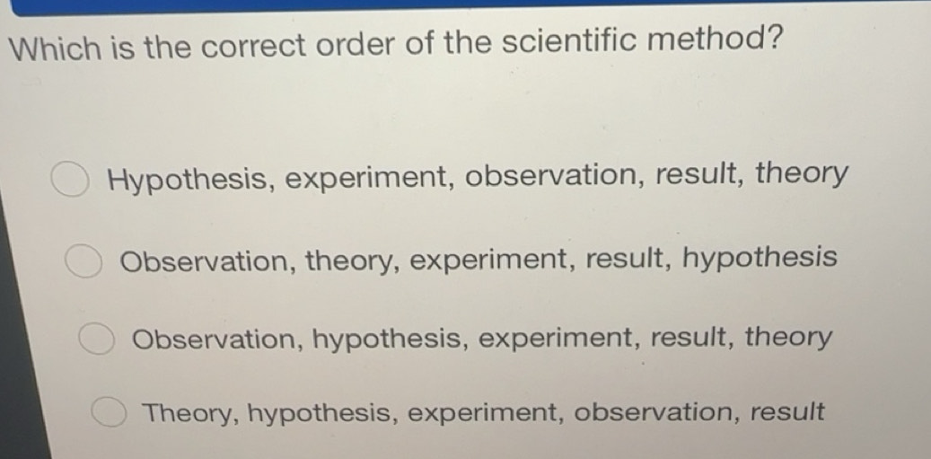 Solved: Which is the correct order of the scientific method? Hypothesis ...