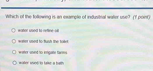 Solved: Which of the following is an example of industrial water use ...
