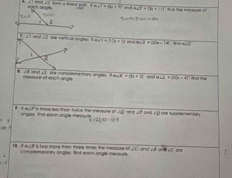 Solved: ∠ 1 and ∠ 2 form a linear pair. If m∠ 1=(5x+9)^circ and m∠ 2=(3x+11)^circ find the measu ...