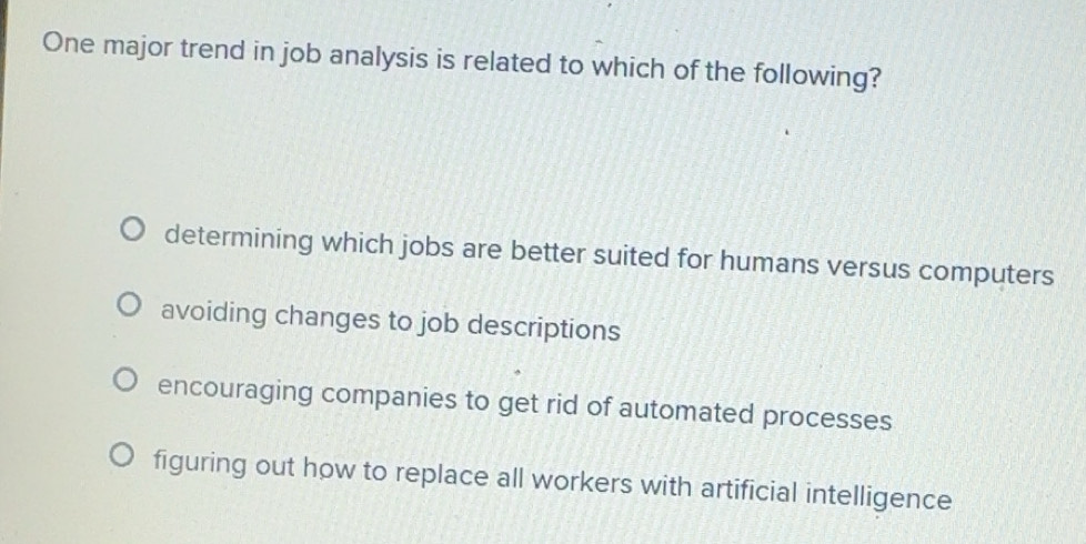 Solved: One major trend in job analysis is related to which of the ...