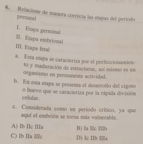 Resuelto:Relacione de manera correcta las etapas del periodo prenatal I ...