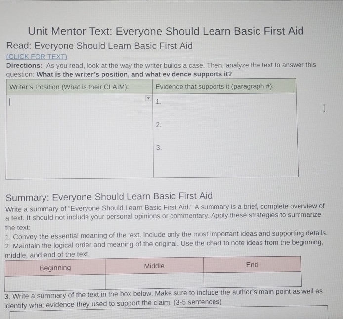 Solved: Unit Mentor Text: Everyone Should Learn Basic First Aid Read ...