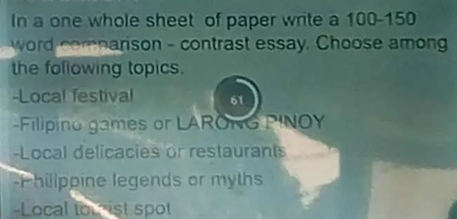 Solved: In a one whole sheet of paper write a 100 -150 word comnarison ...