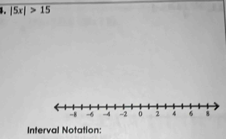 Solved: |5x|>15 Interval Notation: [Math]