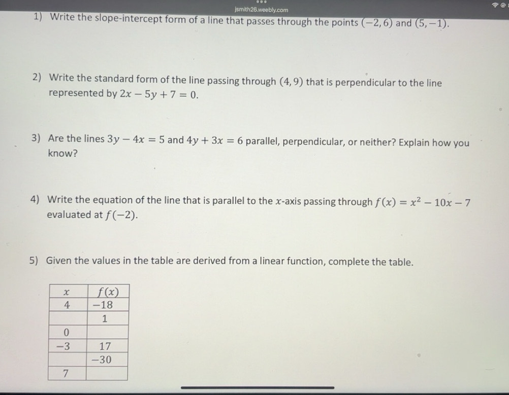 Solved: jsmith26.weebly.com 1) Write the slope-intercept form of a line ...