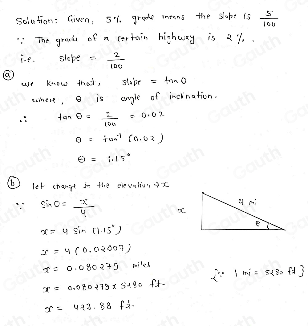 Solved: The grade of a highway is its slope expressed as a percent (a 5 ...