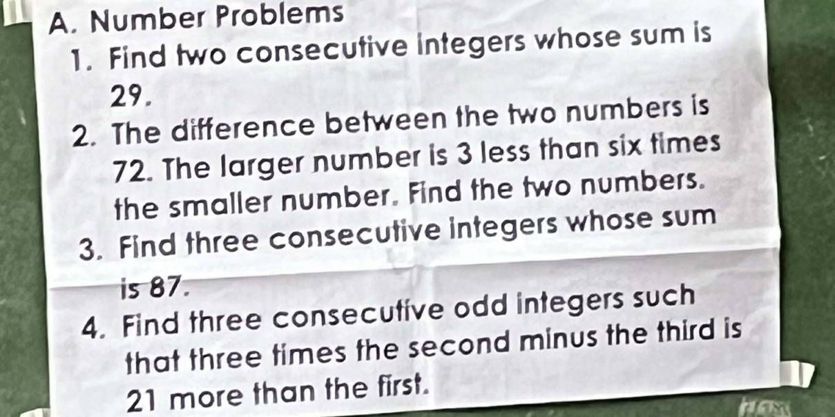 Solved: Number Problems 1. Find two consecutive integers whose sum is ...