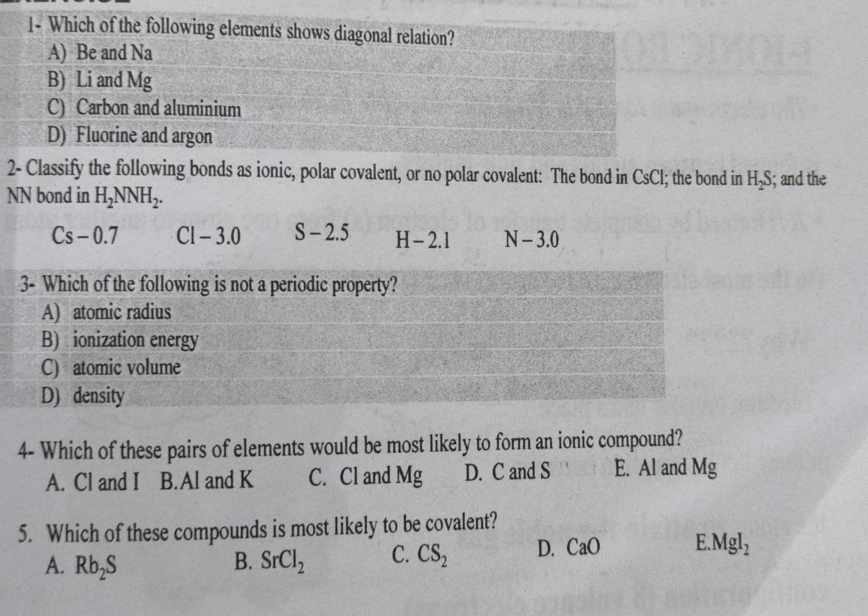 Solved: 1- Which of the following elements shows diagonal relation? A ...
