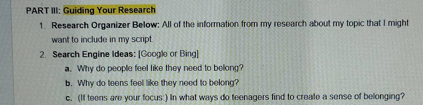 Solved: PART III: Guiding Your Research 1. Research Organizer Below ...