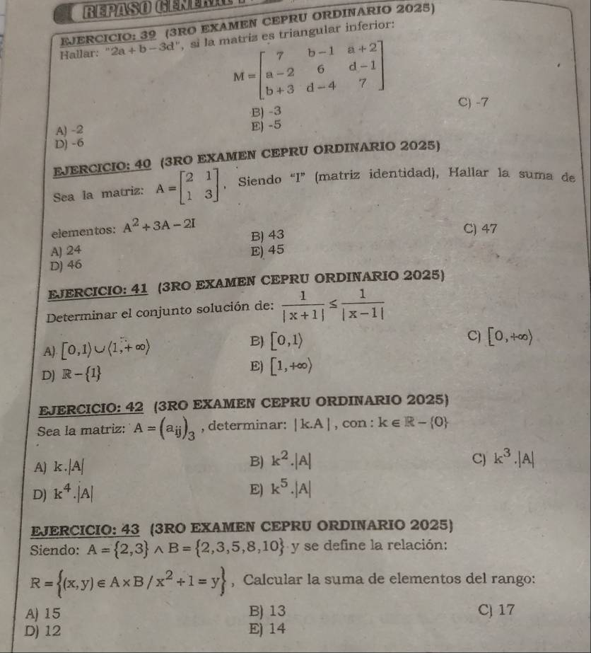 Resuelto:REPASO GEn EJERCICIO: 39 (3RO EXAMEN CEPRU ORDINARIO 2025) Hallar: " 2a+b- 3d", si la ma