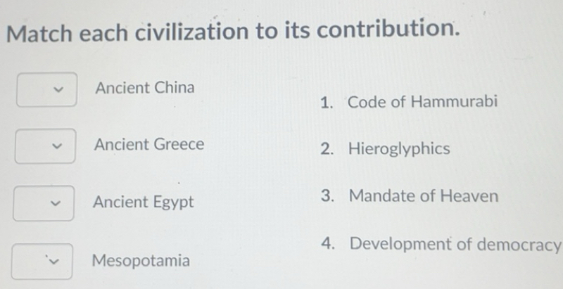 Solved: Match each civilization to its contribution. Ancient China 1 ...