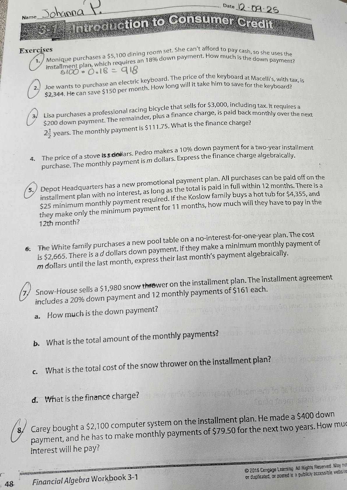 Solved: Date Name _ 31 Introduction to Consumer Credit Exercises ...