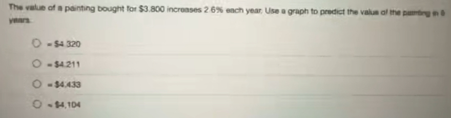 Solved: The value of a painting bought for $3.800 increases 2.6% each ...