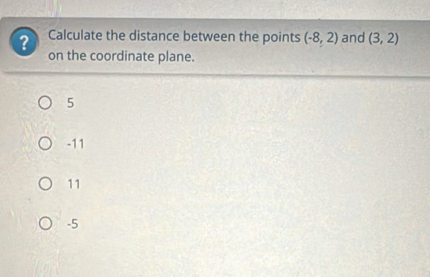 Solved: ? Calculate the distance between the points (-8,2) and (3,2) on ...