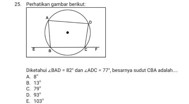 Telah dijawab:Perhatikan gambar berikut: Diketahui ∠ BAD=82° dan ∠ ADC ...