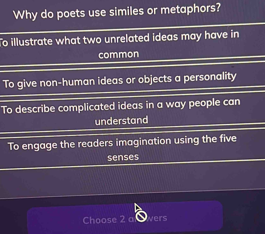 Solved: Why do poets use similes or metaphors? To illustrate what two ...