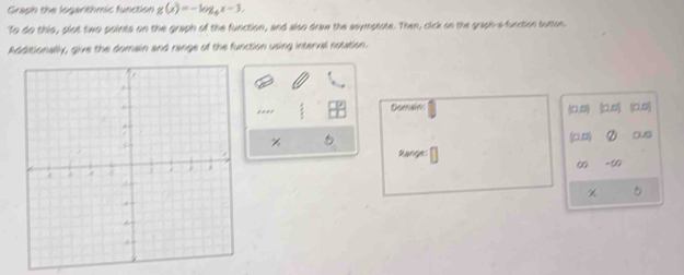 Solved: Graph the logarithmic function g(x)=-log _4x-3, To do this, plot two points on the graph ...