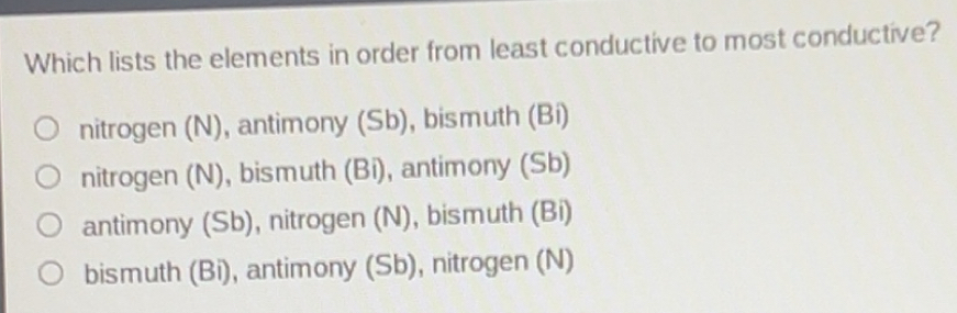 Gelöst:Which lists the elements in order from least conductive to most ...