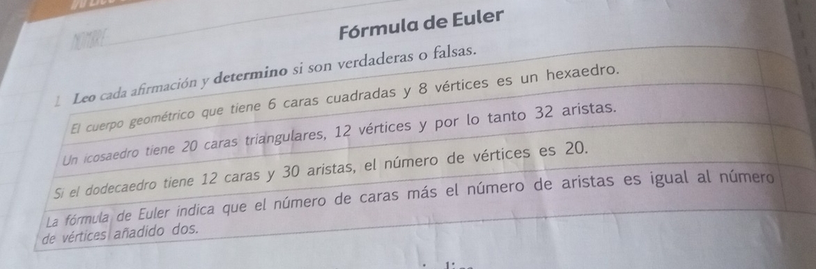 Resuelto:Fórmula de Euler 1 Leo cada afirmación y determino si son ...