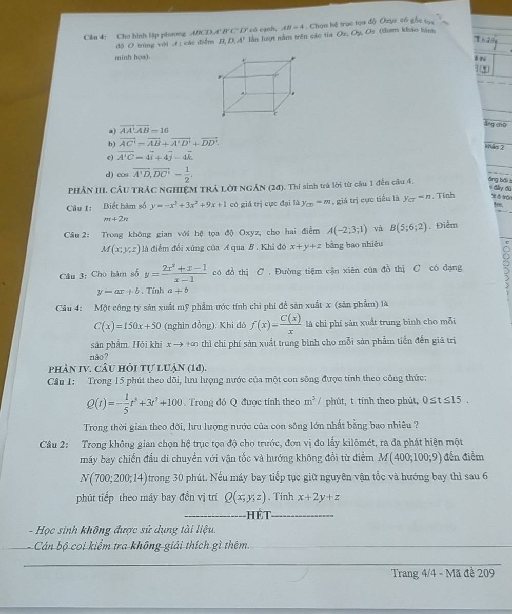Giải quyết:Cho hình lập phương ABCD.A' B'C'D' có canh, AB=4 Chọn hệ ...