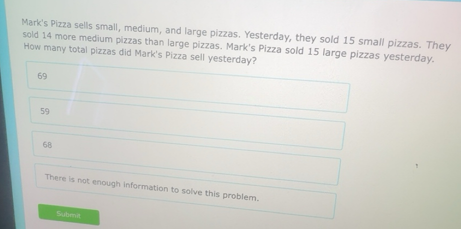 Solved: Mark's Pizza sells small, medium, and large pizzas. Yesterday ...